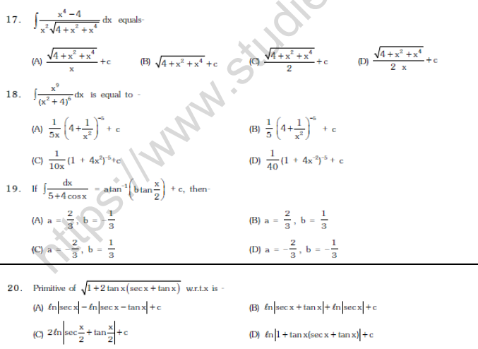 JEE Mathematics Indefinite Integrals MCQs Set B with Answers
